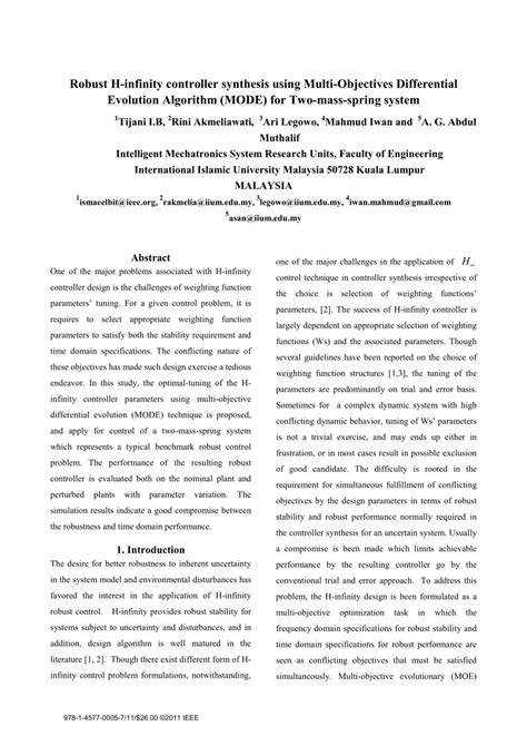 pdf robust h infinity controller synthesis using multi objectives differential evolution