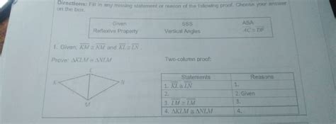 solved directions fill in any missing statement or reason of the following proof choose your