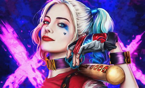 Download Feisty Harley Quinn Swinging Her Signature Baseball Bat Wallpaper