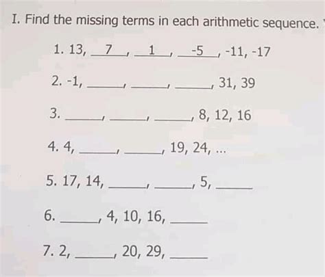 i find the missing terms in each arithmetic sequence wri 1 13 7 1 5 11 17 2 1 31