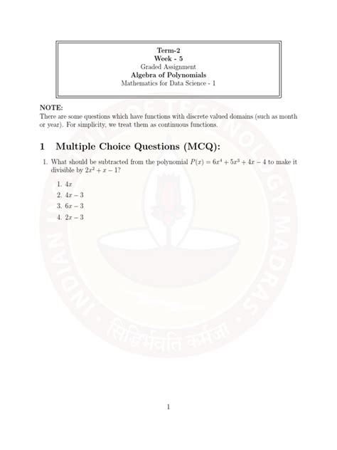 1 multiple choice questions mcq pdf polynomial function mathematics