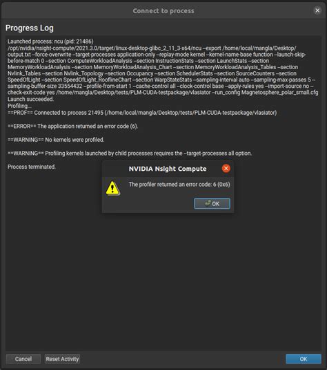 cannot launch nsight compute connection error detected communicating with target application