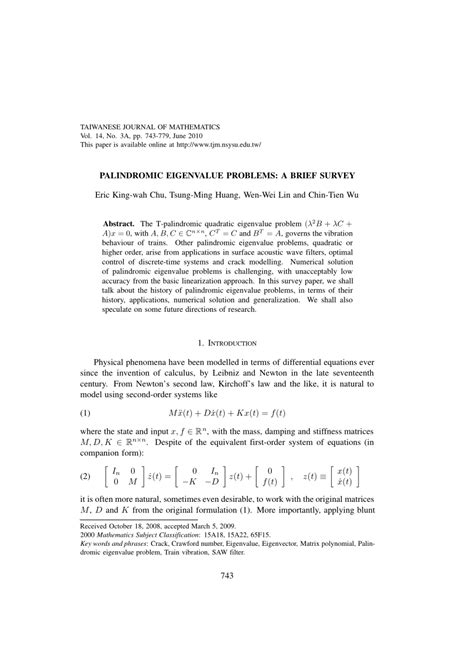 pdf palindromic eigenvalue problems a brief survey