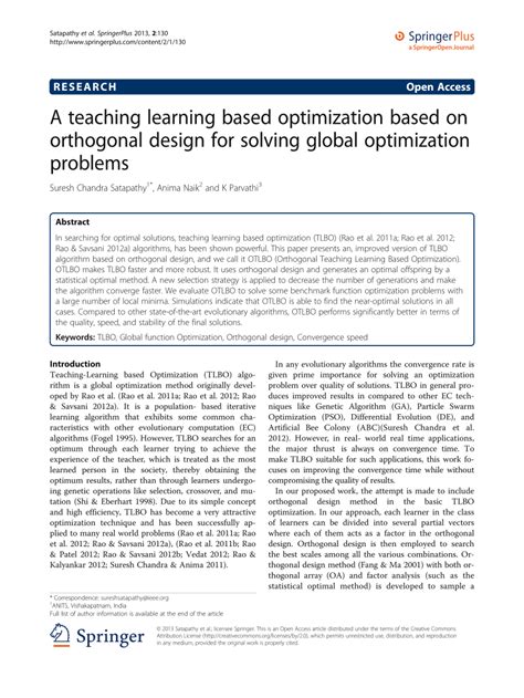 pdf a teaching learning based optimization based on orthogonal design for solving global