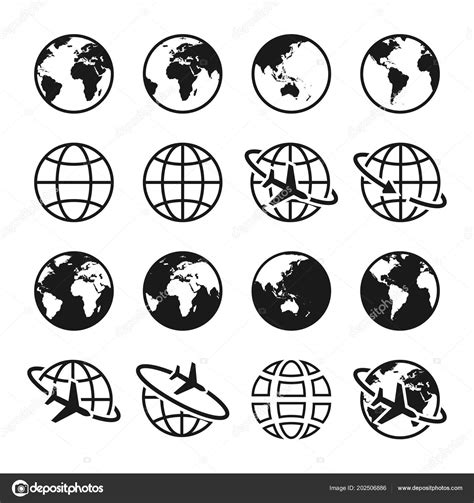 Set Planet Earth Icons Globe Sign World Symbol Air Travel Stock Vector