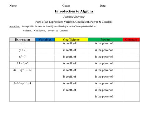 parts of an algebraic expression variables coefficients powers indices exponents and constants
