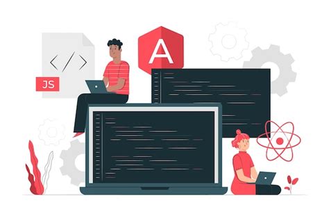 free vector programmers using javascript programming language on computer tiny people