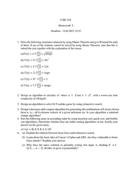 cse 521 hw2 solve the following recurrence relations by using master theorem and give Θ cse