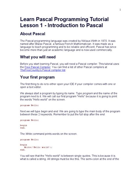 learn pascal programming tutorial lesson 1 introduction to pascal pdf pointer computer