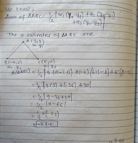 find area of triangle using determinant form a 3 8 b 4 2 c 5 1