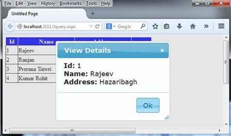 displaying records in model popup using jquery from g