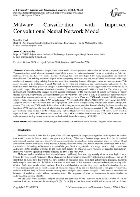 malware classification with improved convolutional neural network model ijcnis