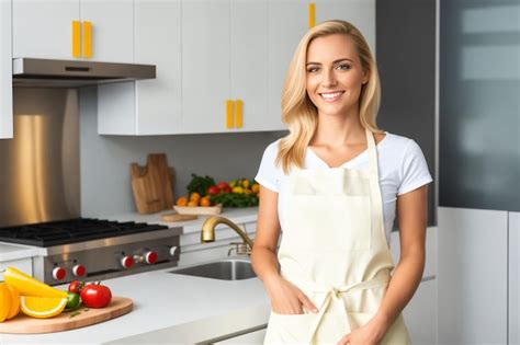 Eine Junge Frau In Einer Schürze Bereitet In Der Küche Ein Gesundes Gemüsegericht Zu Premium Foto