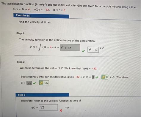 solved the acceleration function in m s2 and the initial