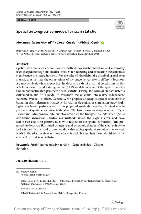 spatial autoregressive models for scan statistic request pdf