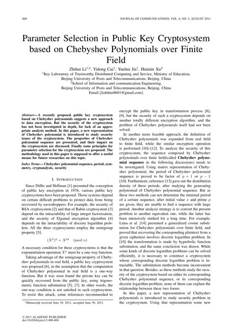 pdf parameter selection in public key cryptosystem based on chebyshev polynomials over finite