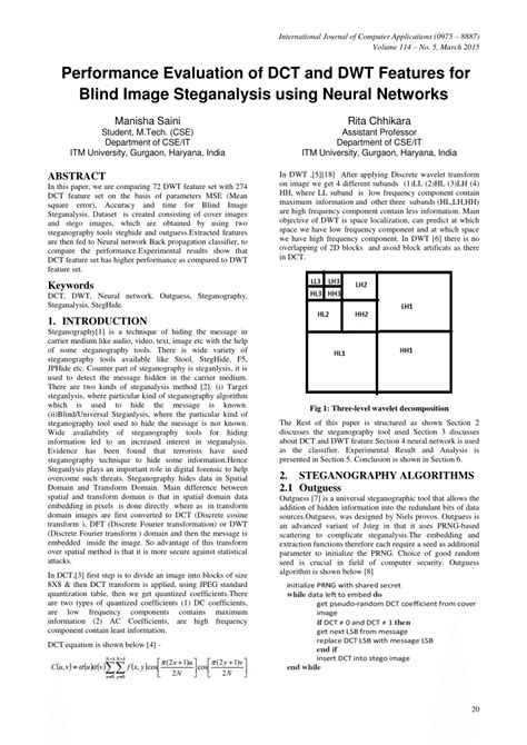 pdf performance evaluation of dct and dwt features for blind image steganalysis using neural