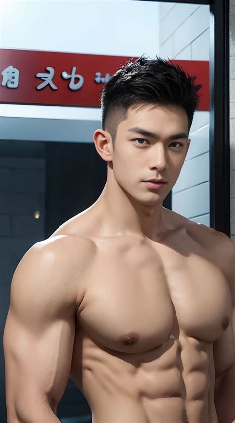아시아 남성 모델 큰 근육 가슴 근육 가득，섹시하고 매력적인 표정，파란 눈，멋있는 시원한 머리가 매끄럽게 빗어졌습니다 Seaart Ai