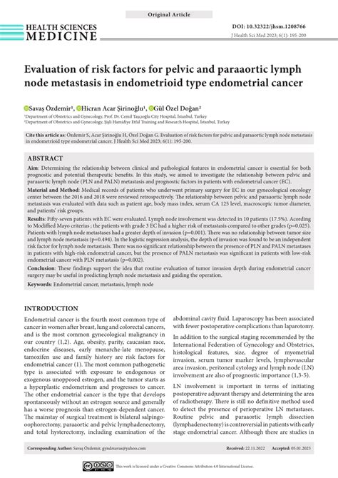 Pdf Evaluation Of Risk Factors For Pelvic And Paraaortic Lymph Node Metastasis In Endometrioid