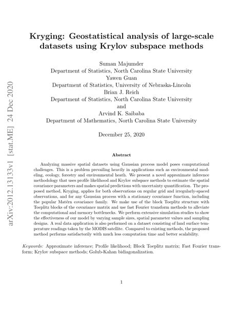 pdf kryging geostatistical analysis of large scale datasets using krylov subspace methods