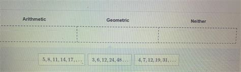 classify each sequence as arithmetic geometric or neither by dragging it into the correct box