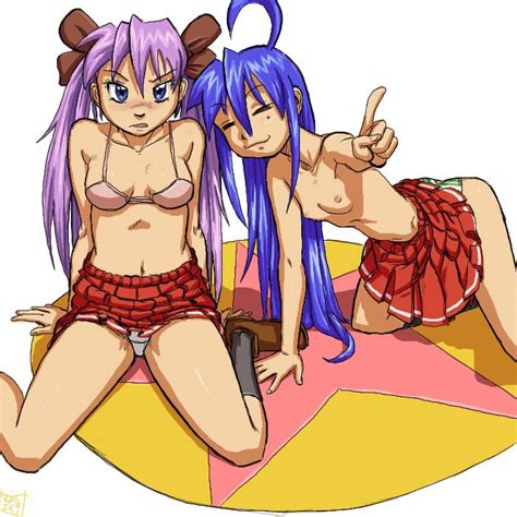 Rule 34 2girls Ahoge All Fours Ass Blue Hair Bra Breasts Closed Eyes Kagami Hiiragi Konata