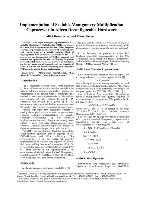 pdf implementation of scalable montgomery multiplication coprocessor in altera reconfigurable