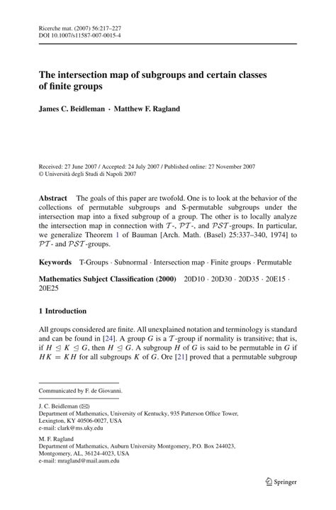 pdf the intersection map of subgroups and certain classes of finite groups