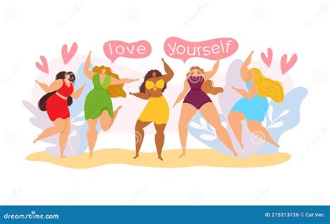 Happy Body Positive Woman Group Vector Illustration Girl Person Character Show Their Beauty
