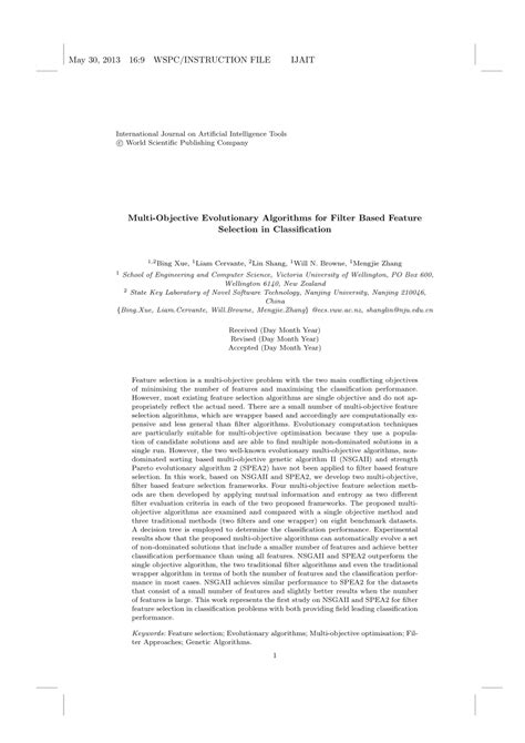 pdf multi objective evolutionary algorithms for filter based feature selection in classification