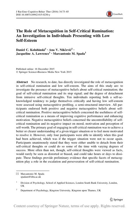 the role of metacognition in self critical rumination an investigation in individuals