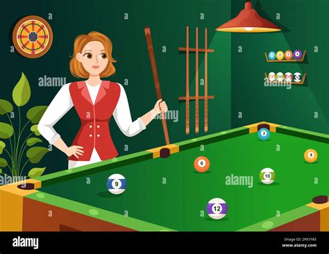 Billiards Game Illustration With Player Pool Room With Stick Table And Billiard Balls In Sports