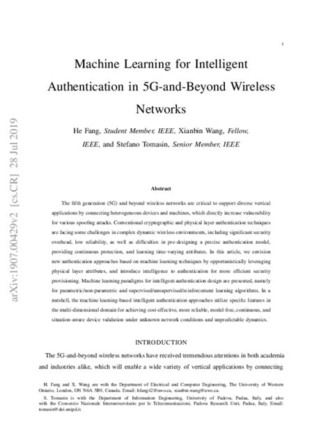 pdf machine learning for intelligent authentication in 5g and beyond wireless networks