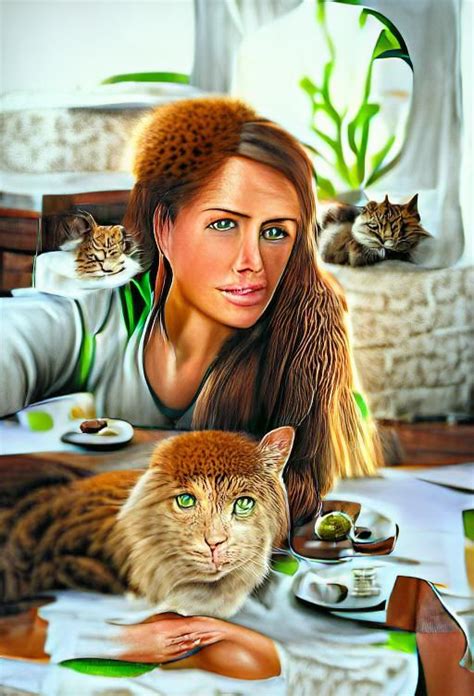 Portrait Of Woman And Her Cat Beautiful Honey Skinned Woman Grey Eyes Long Soft Dark Brown