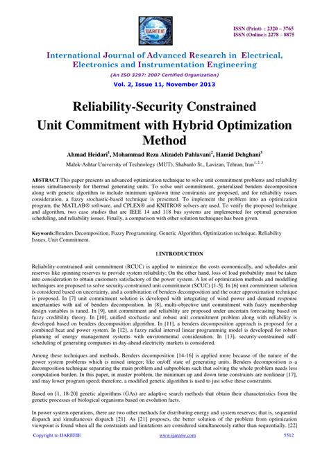 pdf reliability security constrained unit commitment with hybrid optimization method