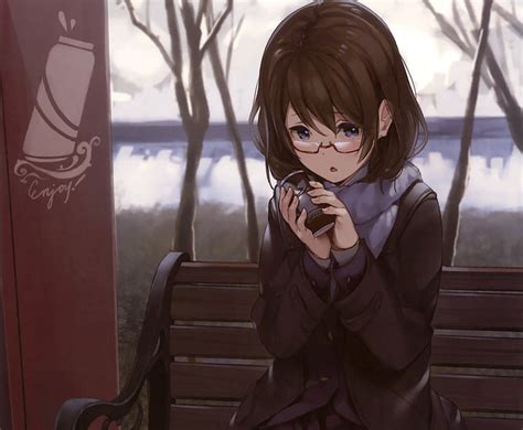 Anime Original Blue Eyes Blush Brown Hair Can Coat Glasses Scarf Hd Wallpaper