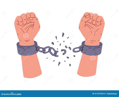 Vector Illustration Of Strong Hands Clenched Into Fists Tearing The Restraining Handcuffs The