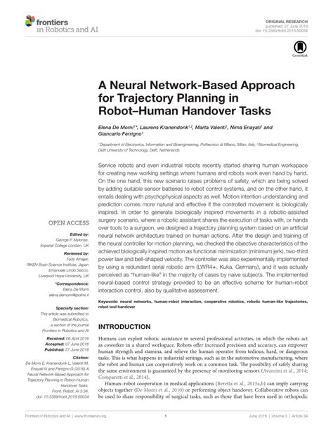 pdf a neural network based approach for trajectory planning in robot human handover tasks