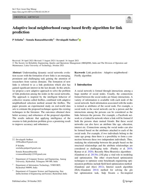 pdf adaptive local neighborhood range based firefly algorithm for link prediction