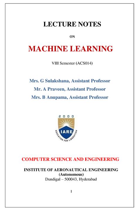 iare machine learning lec notes lecture notes on machine learning viii semester acs014 mrs