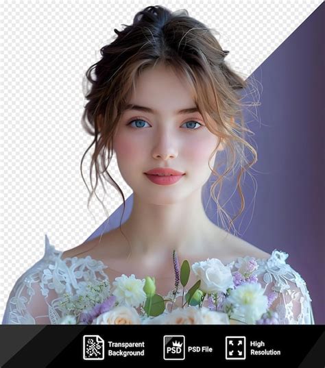 렌즈 드레스를 입은 아름다운 소녀 웃는 백인 여성의 손에 꽃줄을 들고 카메라를 바라보는 순수한 초상화 프리미엄 PSD 파일