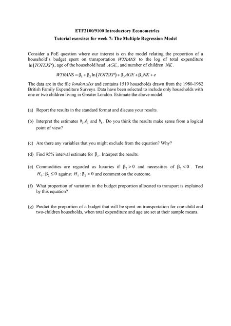 week7 tutorial exercise etf2100 9100 introductory econometrics tutorial exercises for week 7
