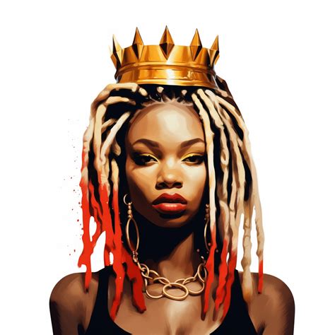 Black Dark Skin Women With Honey Blonde Dreadlocks Wearing A Golden Crown Staring Straight