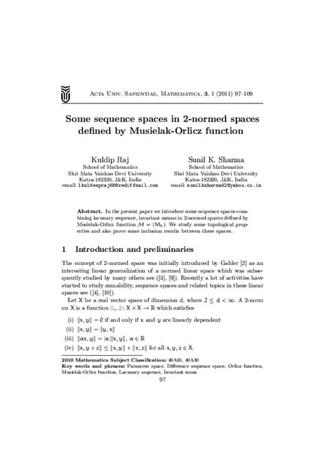 pdf some sequence spaces defined by a musielak orlicz function in n normed spaces sunil