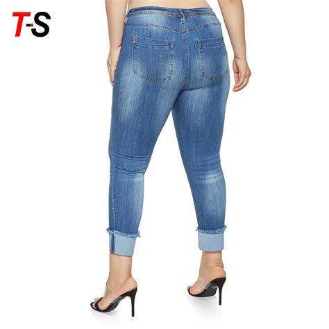 High Quality Plus Size Capri High Waist Jeans Elastic Tight Cotton Denim Ripped Jeans Women
