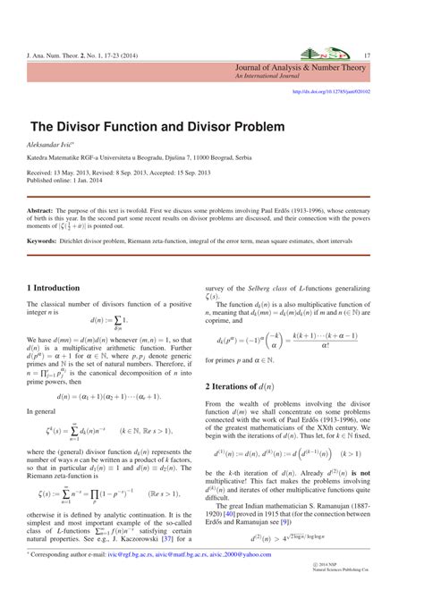 pdf the divisor function and divisor problem