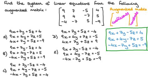 question video finding a system of equations from an augmented matrix nagwa