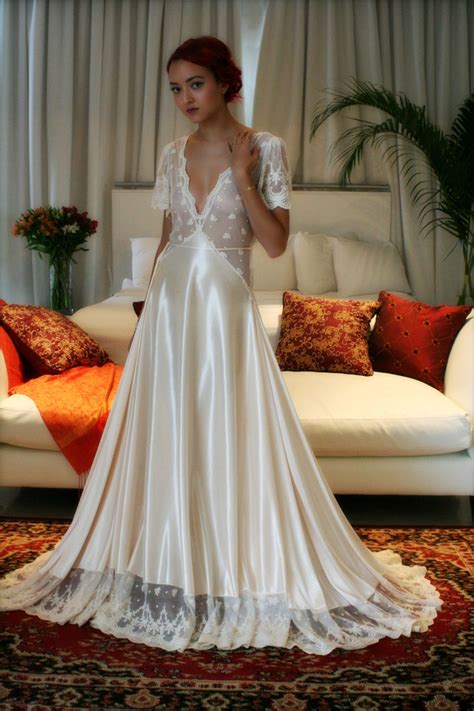 Bridal Nightgown Amelia Satin Embroidered Lace Wedding Etsy