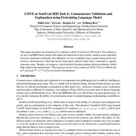 lmve at semeval 2020 task 4 commonsense validation and explanation using pretraining language
