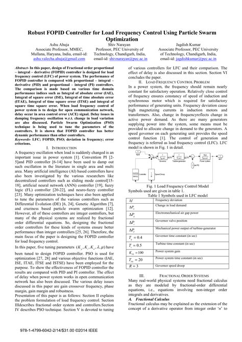 pdf robust fopid controller for load frequency control using particle swarm optimization